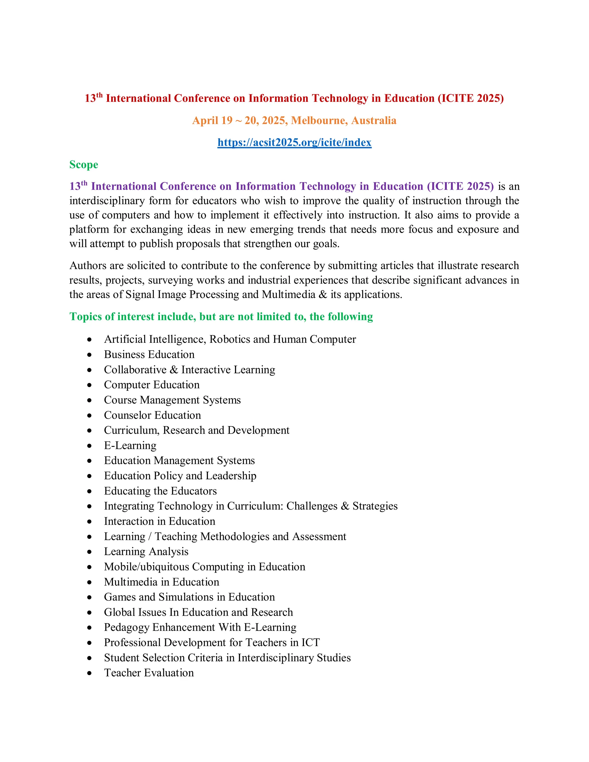 Call for Papers - 13th International Conference on Information Technology in Education (ICITE ...