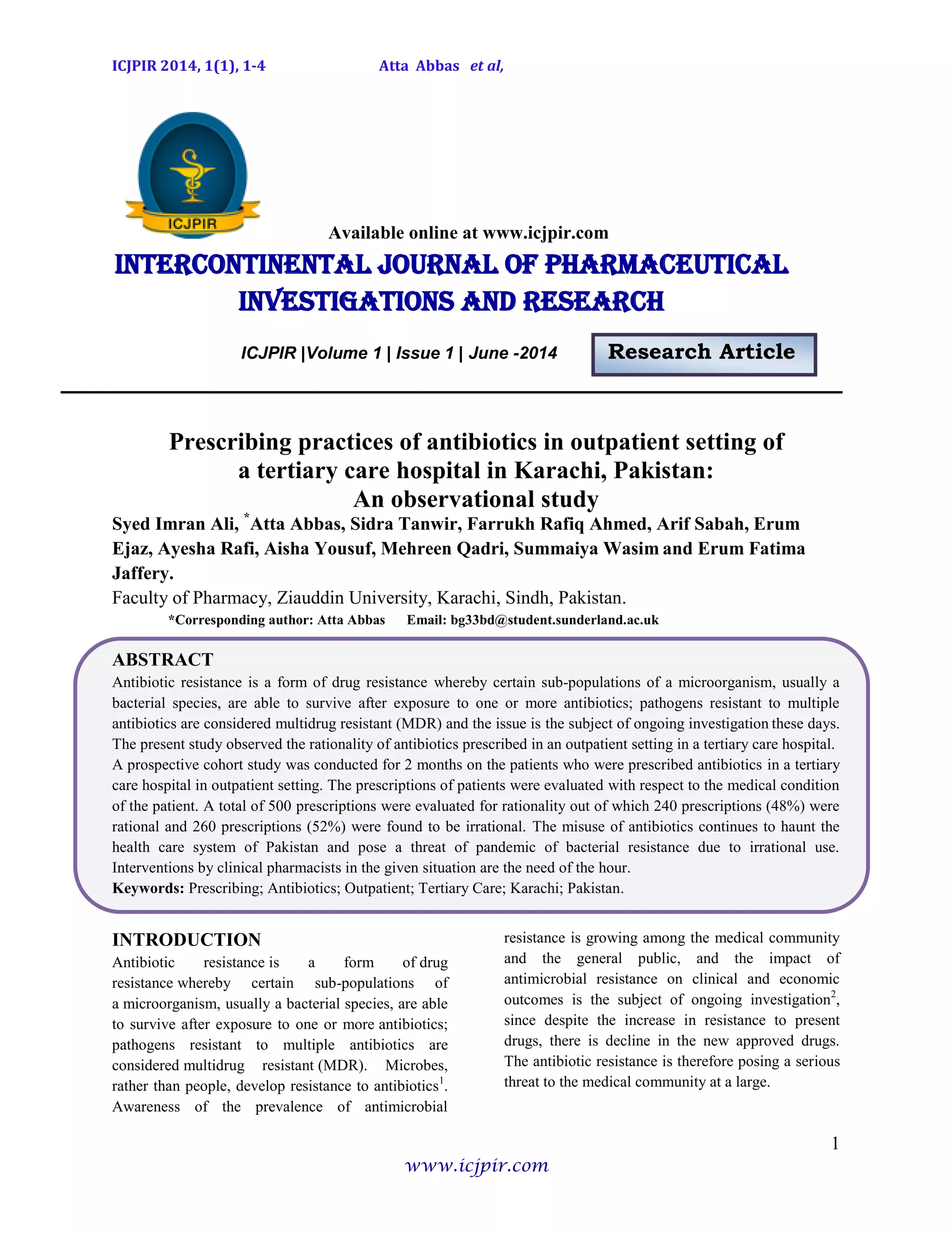 Prescribing practices of antibiotics in outpatient setting of a ...