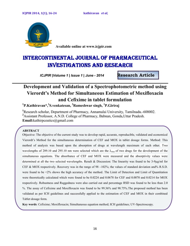Development and Validation of a Spectrophotometric method using Vierordt’s Method for ...