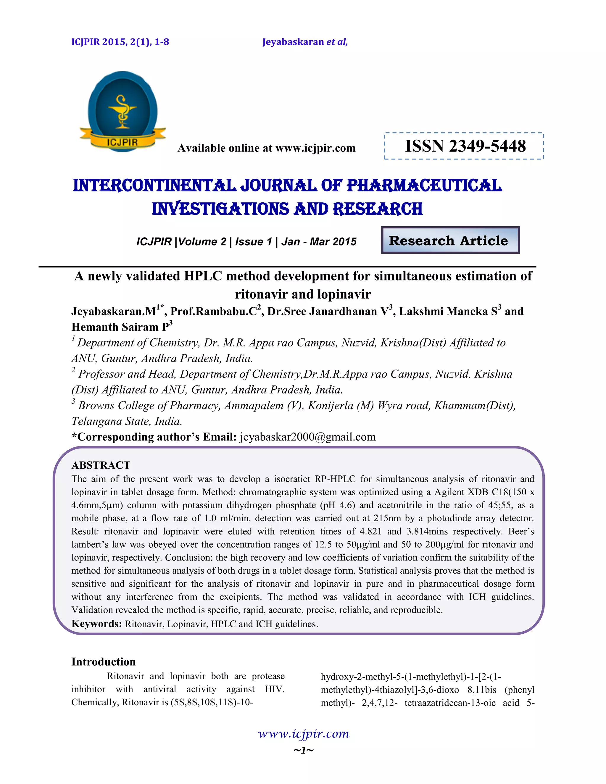 A newly validated HPLC method development for simultaneous estimation of ritonavir and lopinavir ...