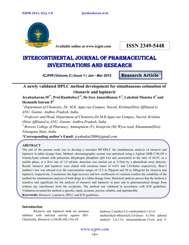 A newly validated HPLC method development for simultaneous estimation of ritonavir and lopinavir ...