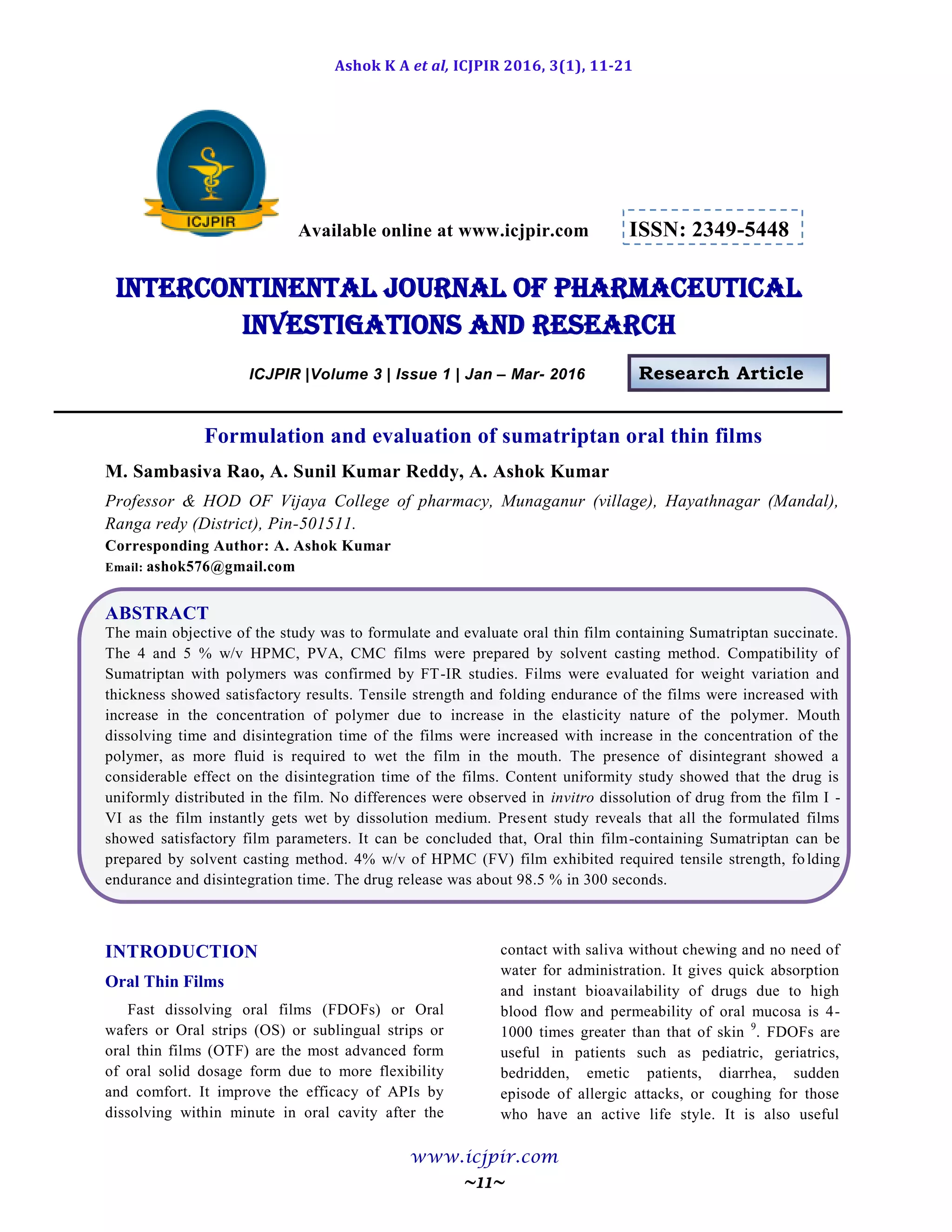 Formulation And Evaluation Of Sumatriptan Oral Thin Films Pdf