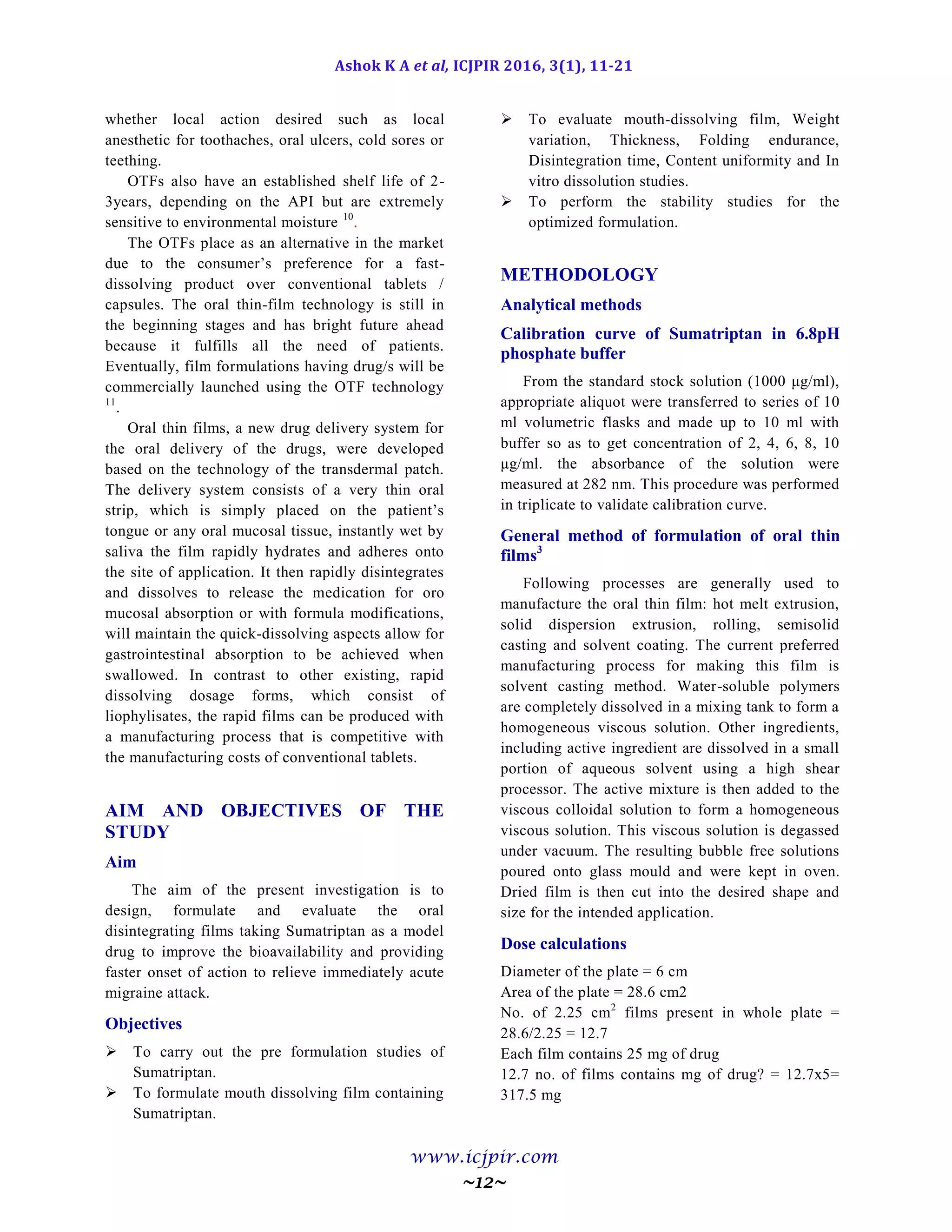 Formulation and evaluation of sumatriptan oral thin films | PDF