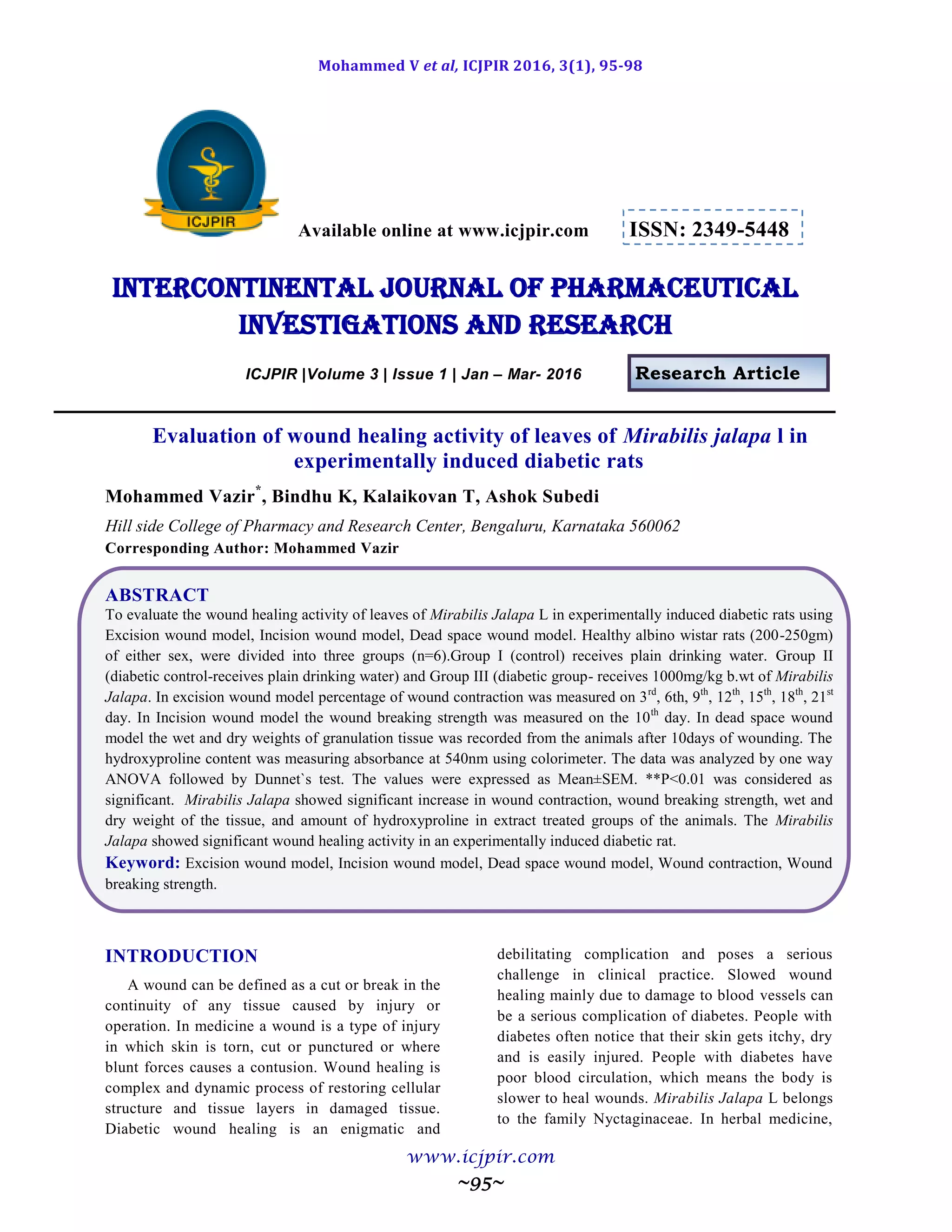 Evaluation of wound healing activity of leaves of Mirabilis jalapa l in ...
