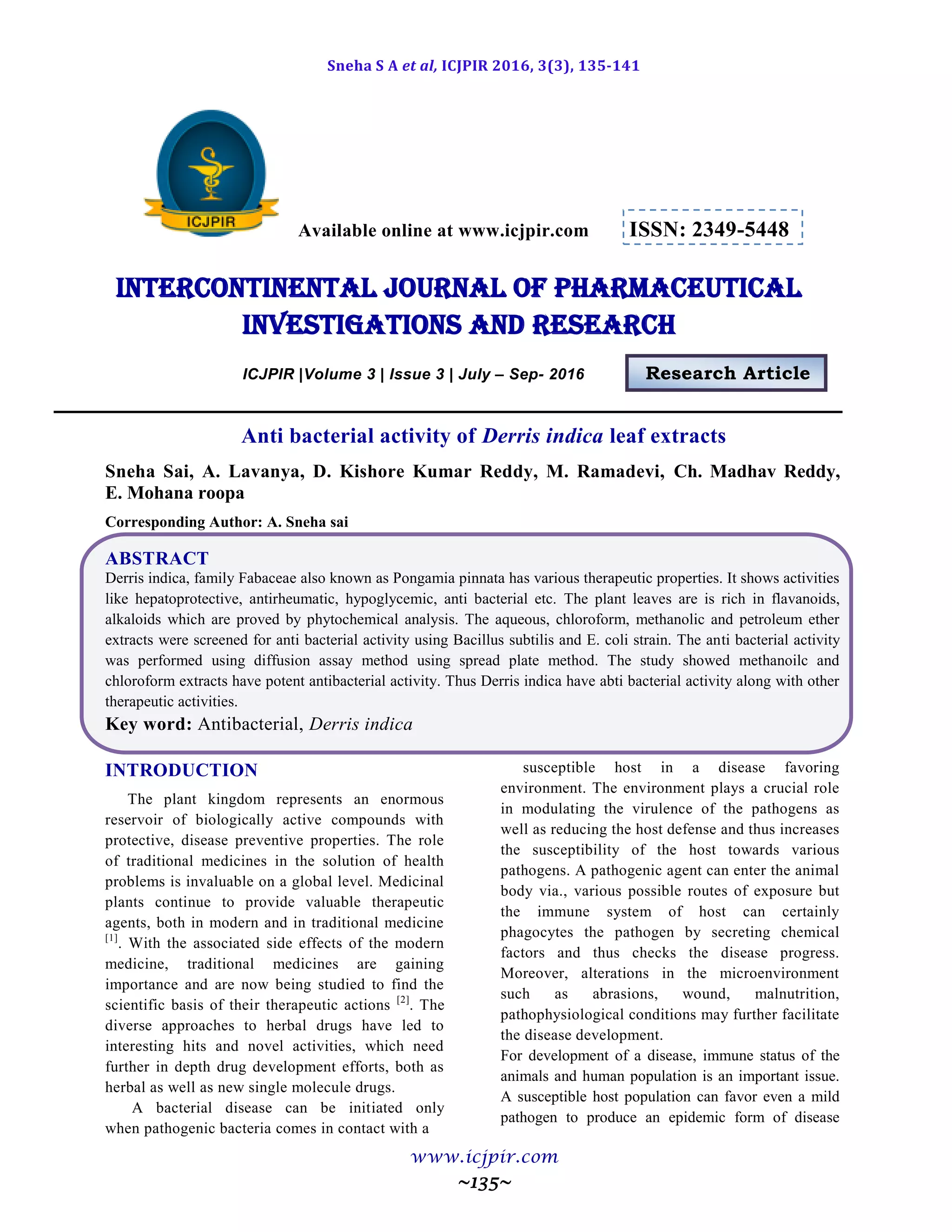 Anti bacterial activity of Derris indica leaf extracts | PDF