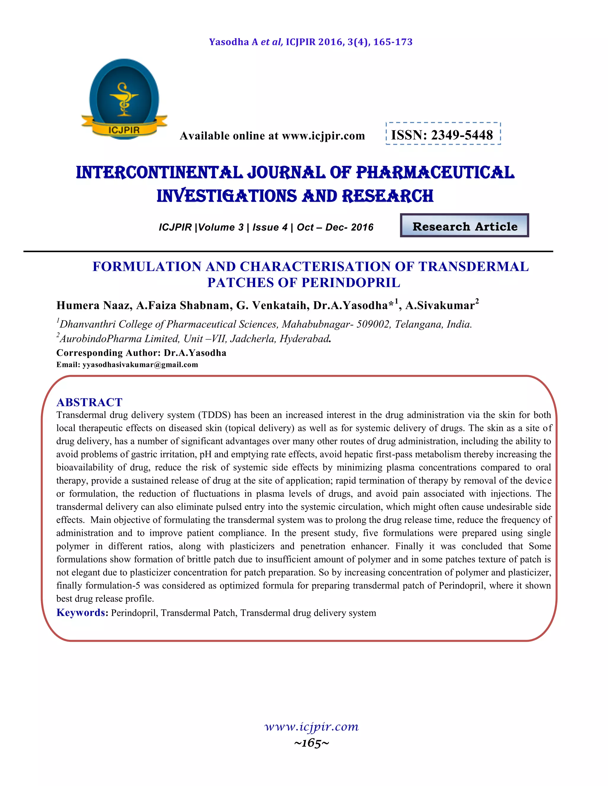 FORMULATION AND CHARACTERISATION OF TRANSDERMAL PATCHES OF PERINDOPRIL ...
