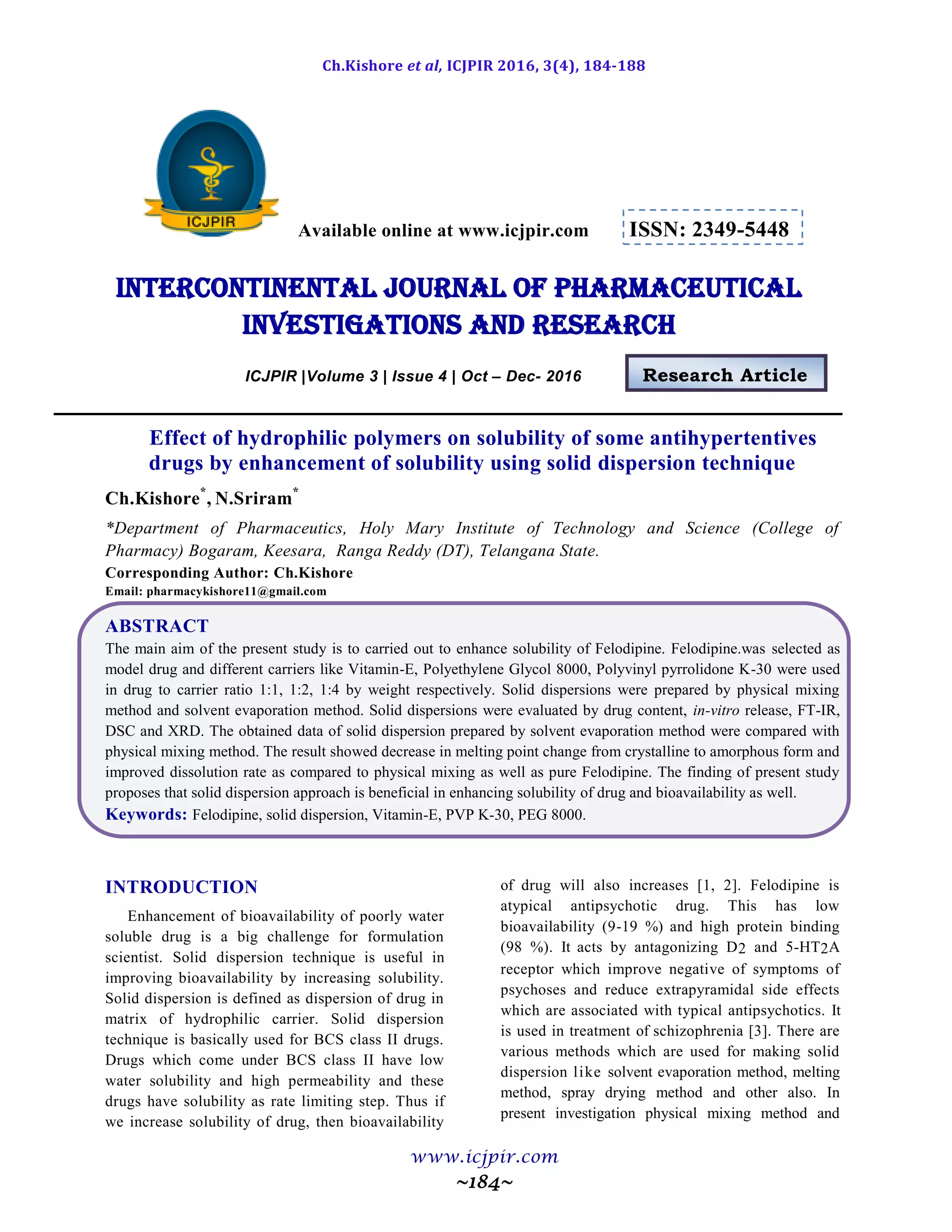 Effect of hydrophilic polymers on solubility of some antihypertentives drugs by enhancement of ...