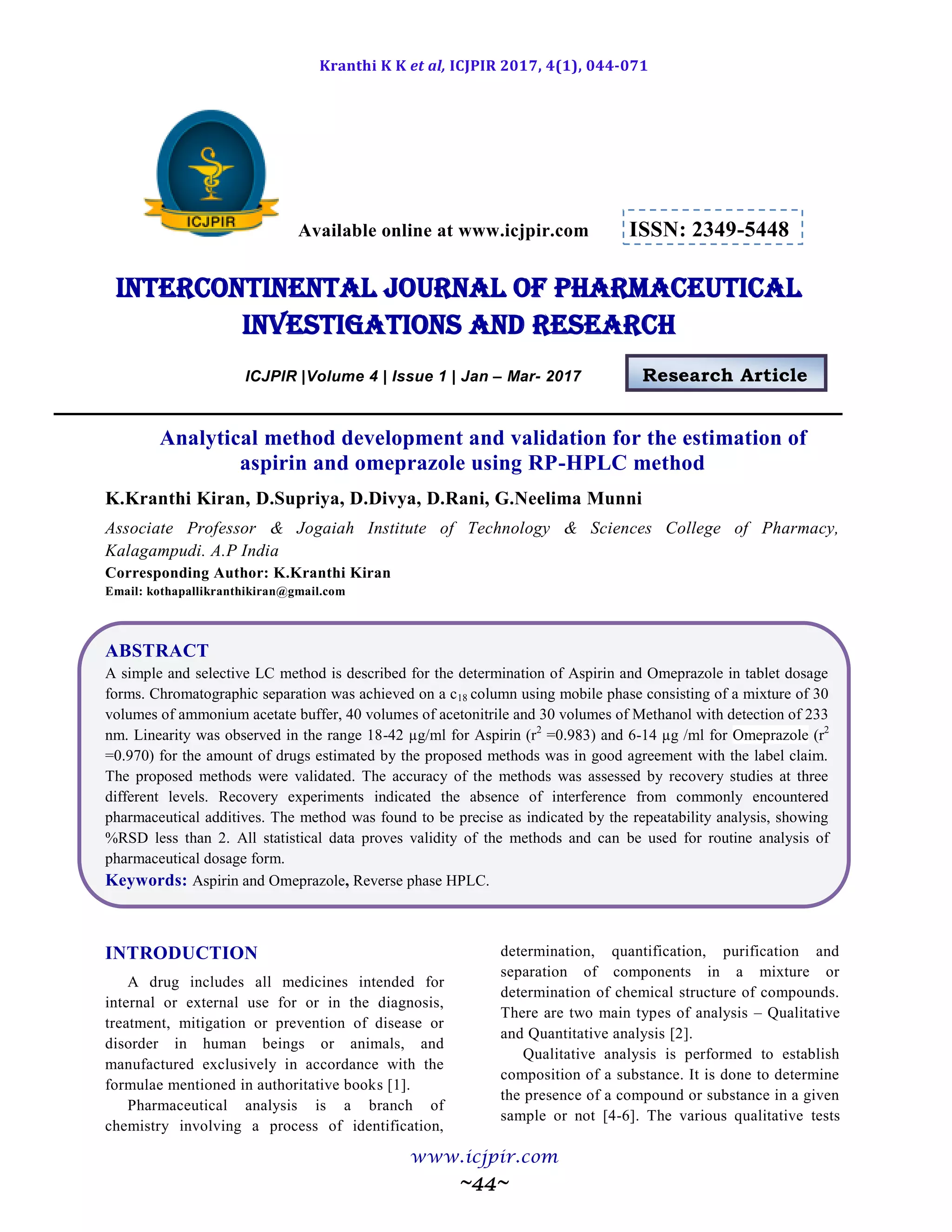 Analytical Method Development And Validation For The Estimation Of