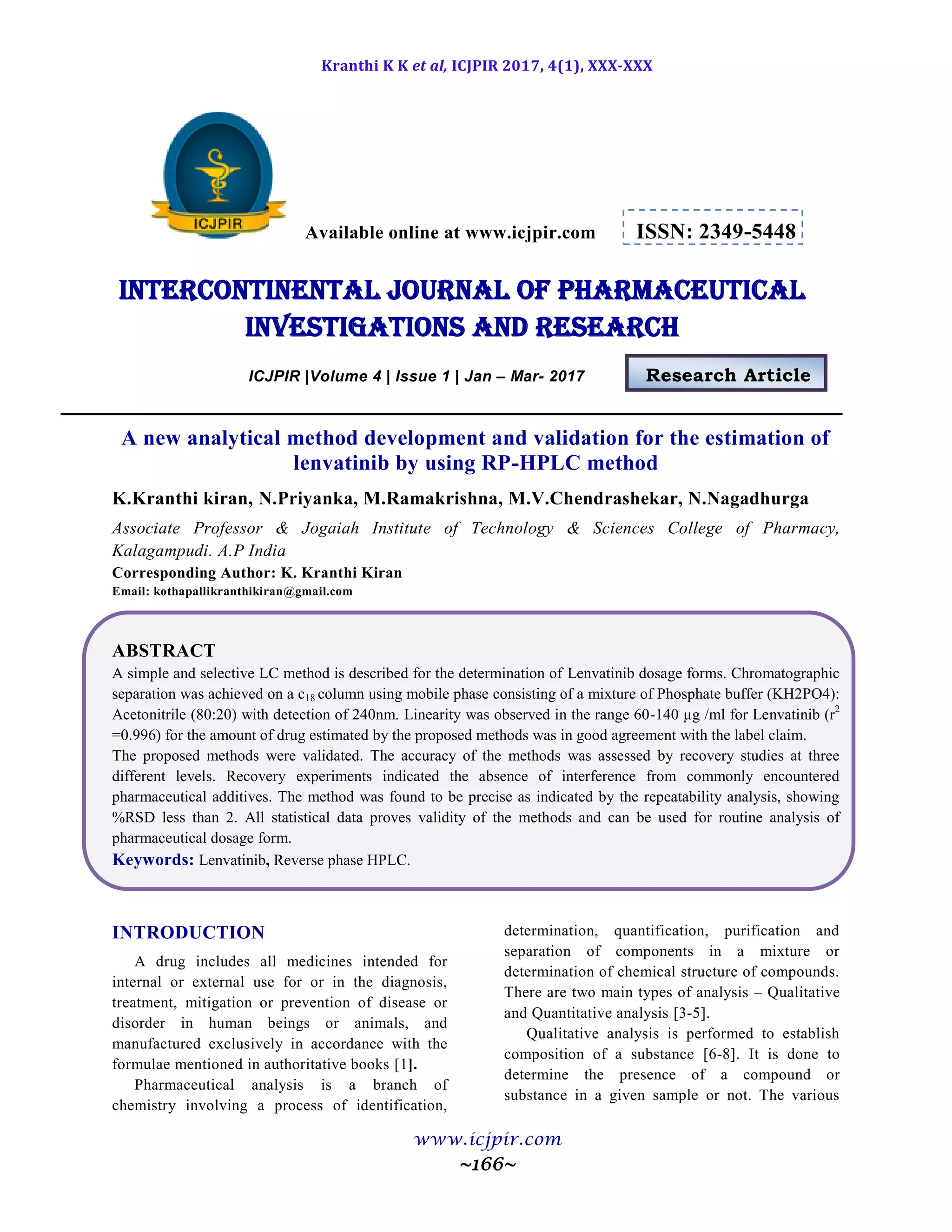 A New Analytical Method Development And Validation For The Estimation Of Lenvatinib By Using Rp
