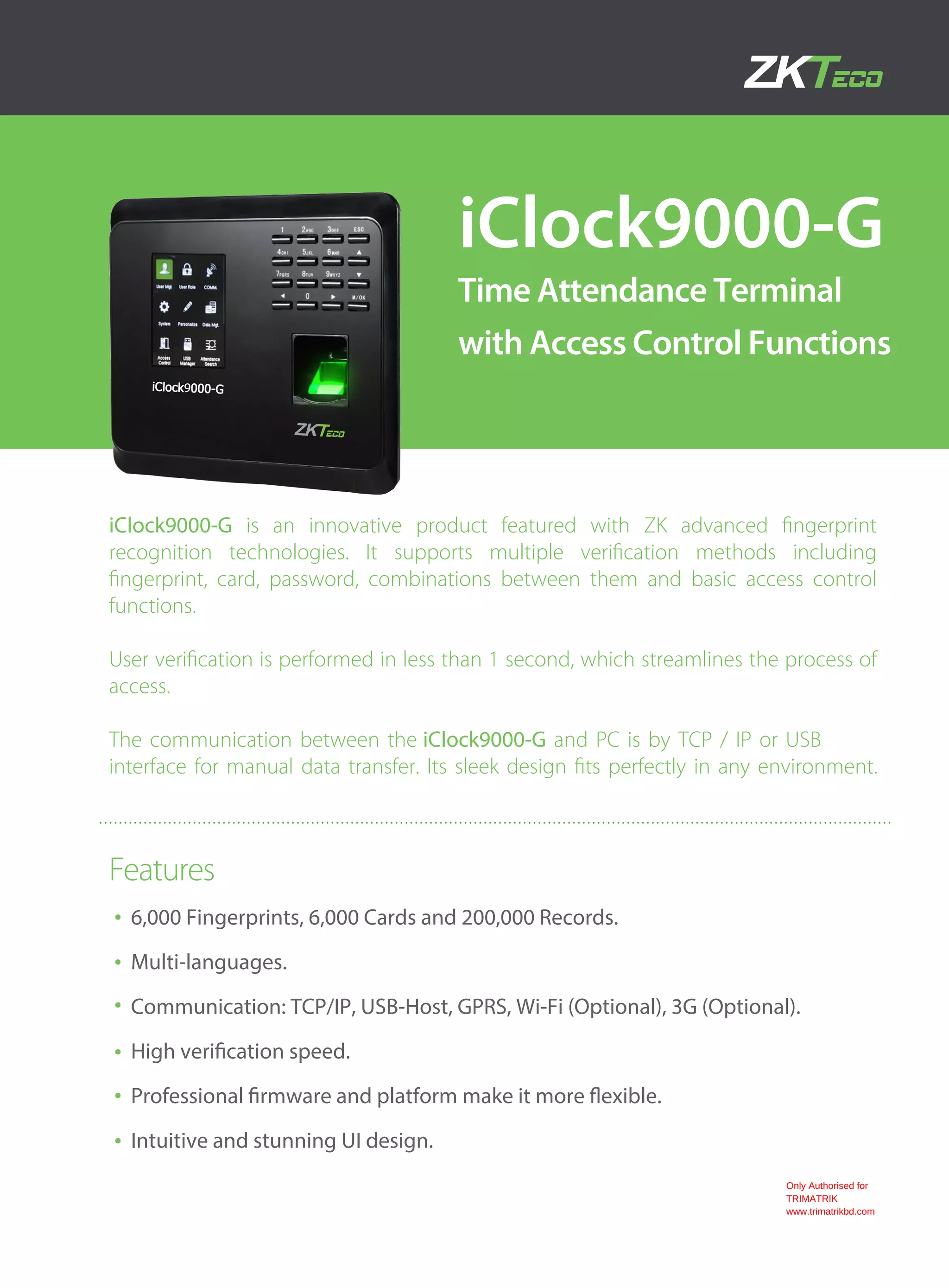 ZKTeco iClock9000-G Price in bd (01785-777722) | PDF