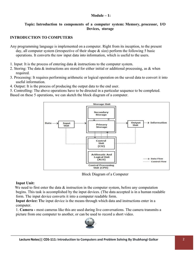 Introduction to Computer UNIT 1 notes.pdf | Computer Peripherals ...