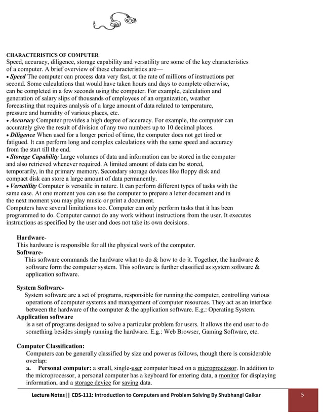Introduction To Computer Unit 1 Notes Pdf