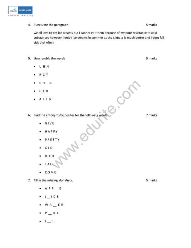 Class 1 ICSE English Sample Paper Term 1 | PDF