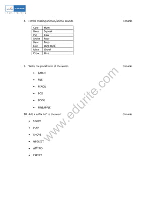 Class 1 ICSE English Sample Paper Term 1 | PDF