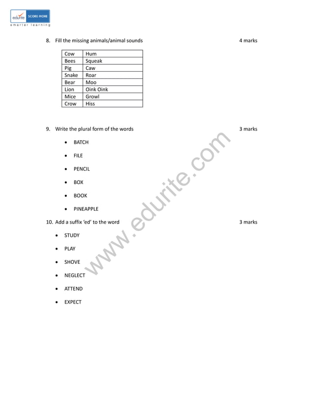 Class 1 ICSE English Sample Paper Term 1 | PDF