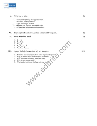 Class 1 ICSE EVS Sample Paper Model 1 | PDF