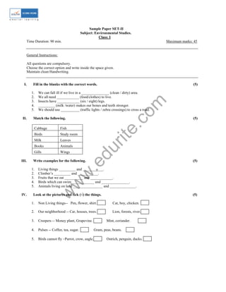 Class 1 ICSE EVS Sample Paper Model 2 | PDF