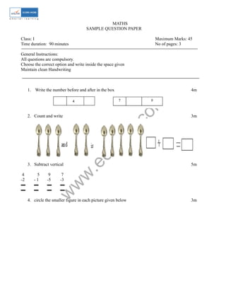 Class 1 ICSE Maths Sample Paper Model 2 | PDF