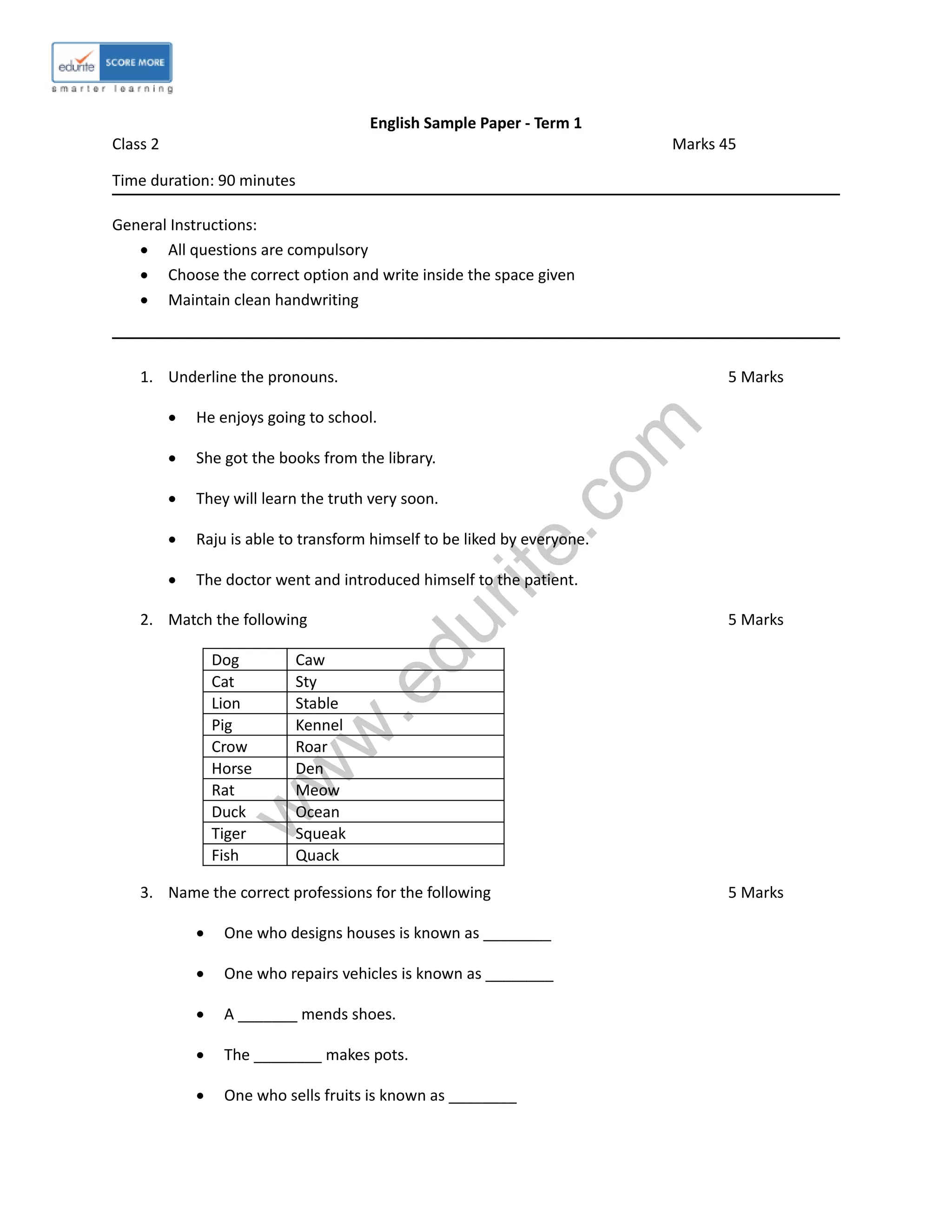 Class 2 ICSE English Sample Paper Term 1 | PDF