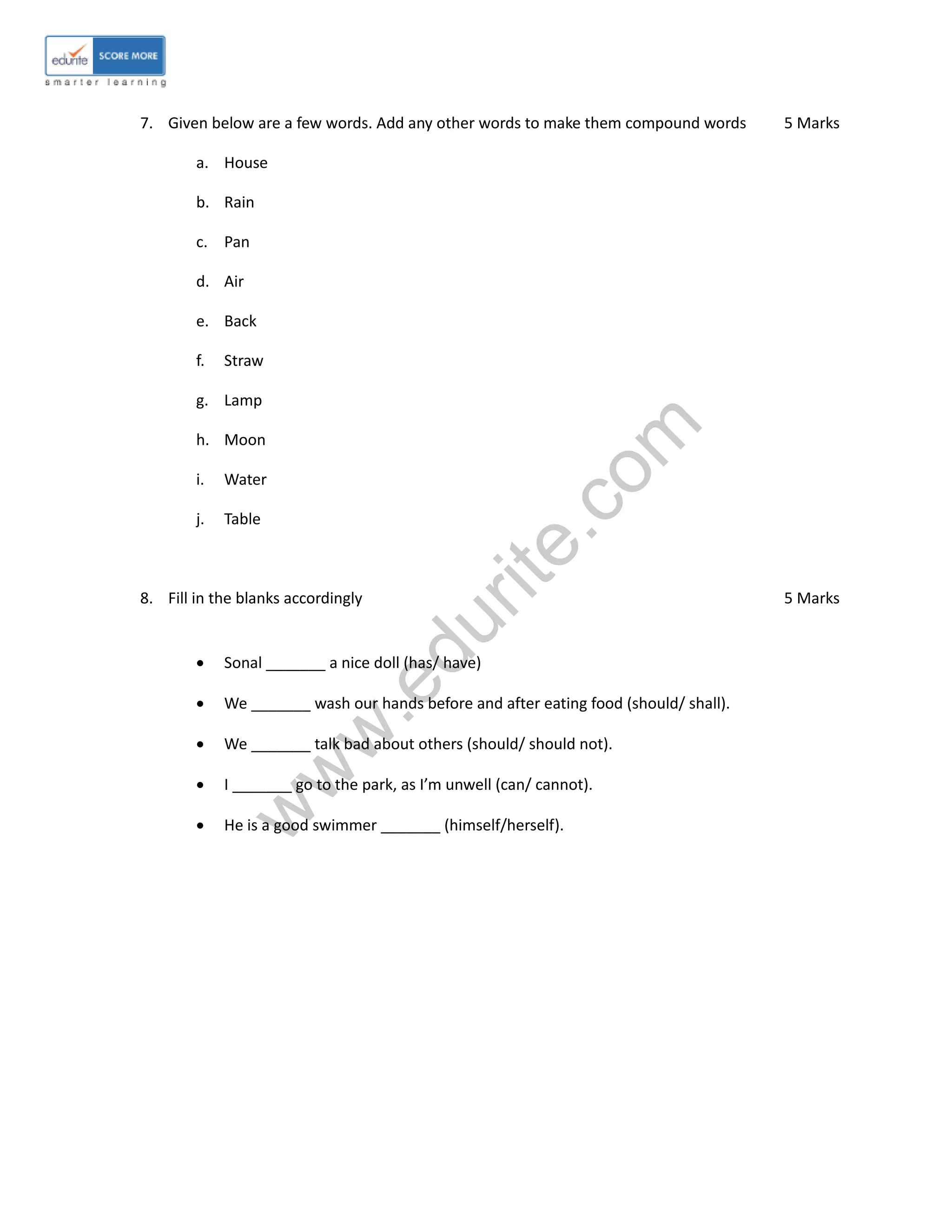 Class 2 ICSE English Sample Paper Term 1 | PDF