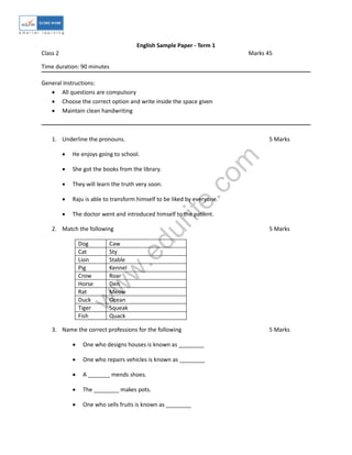 Class 2 ICSE English Sample Paper Term 1 | PDF
