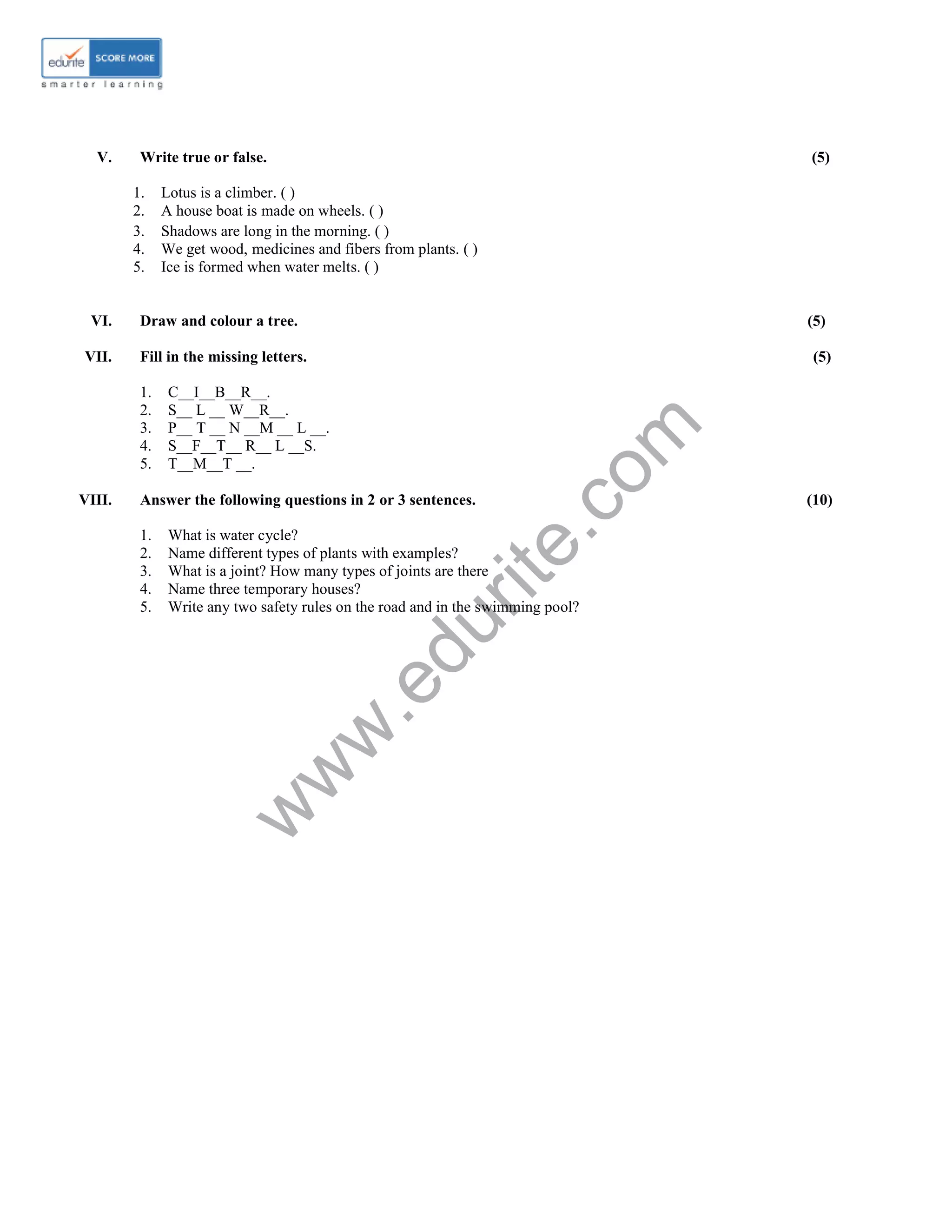 Class 2 ICSE EVS Sample Paper Model 2 | PDF