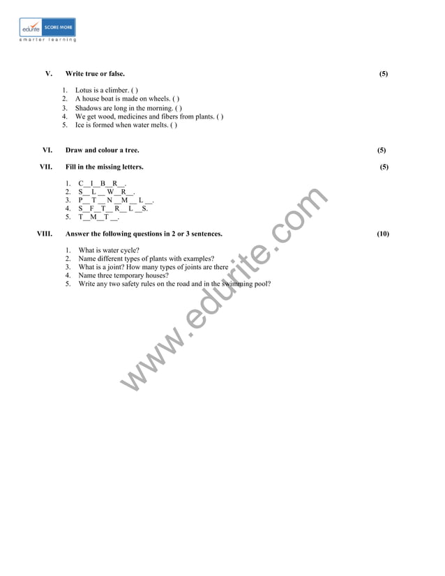 Class 2 ICSE EVS Sample Paper Model 2 | PDF | Food & Drink