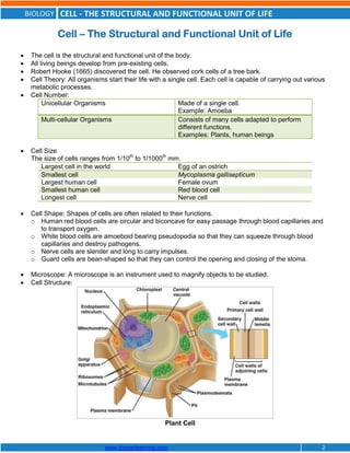 ICSE Class X Biology Cell The Structural and Functional Unit of Life | PDF