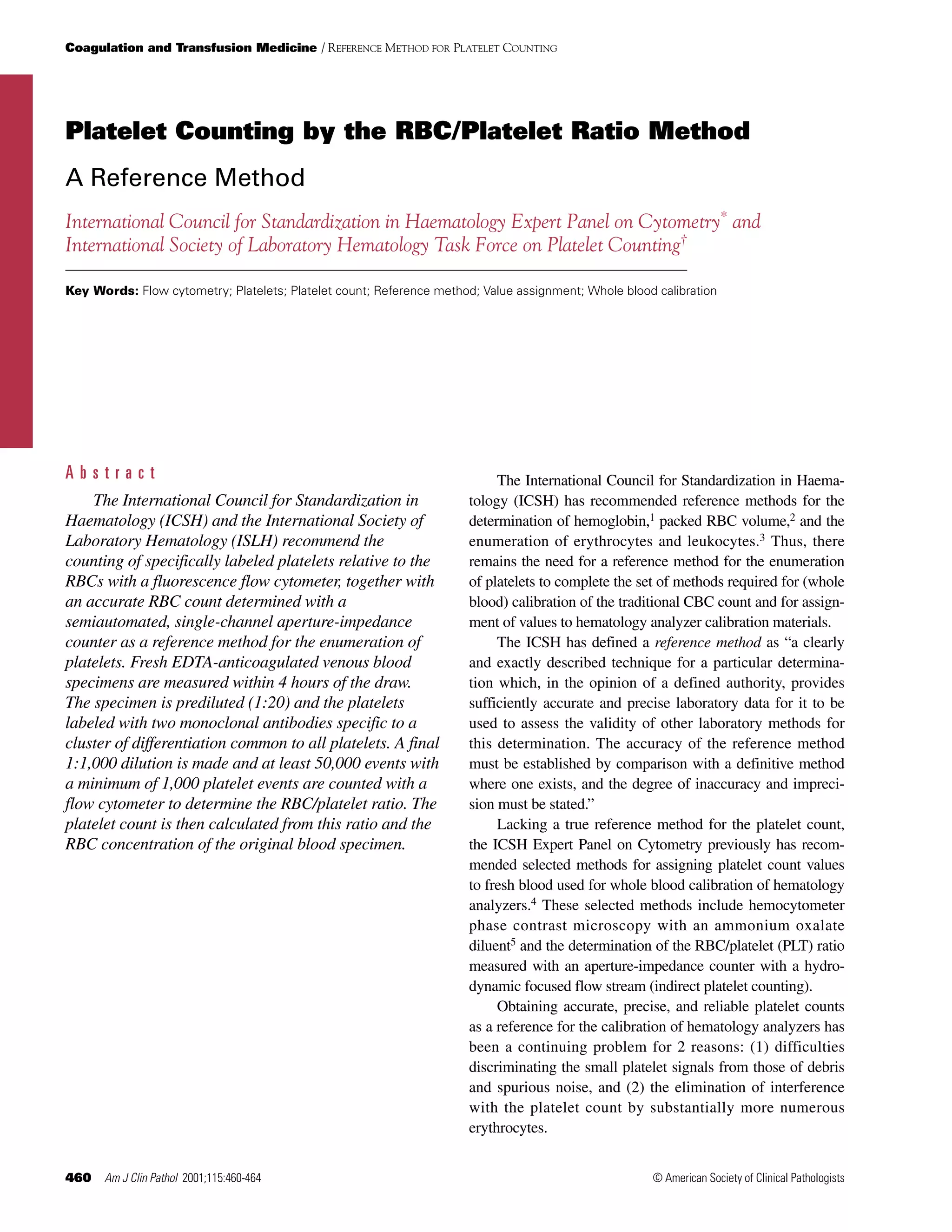Icsh platelet counting reference method ajcp 2001 | PDF