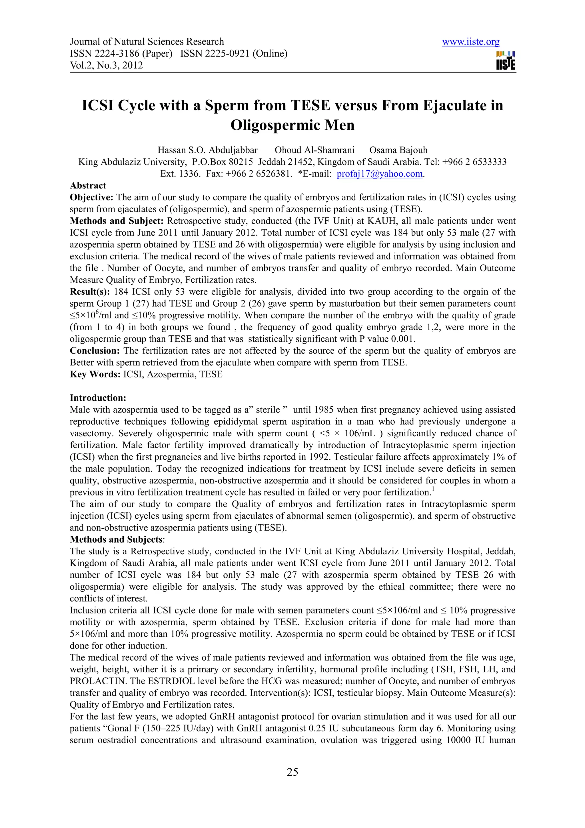 Icsi cycle with a sperm from tese versus from ejaculate in oligospermic ...