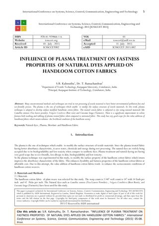 INFLUENCE OF PLASMA TREATMENT ON FASTNESS PROPERTIES OF NATURAL DYES APPLIED ON HANDLOOM COTTON ...