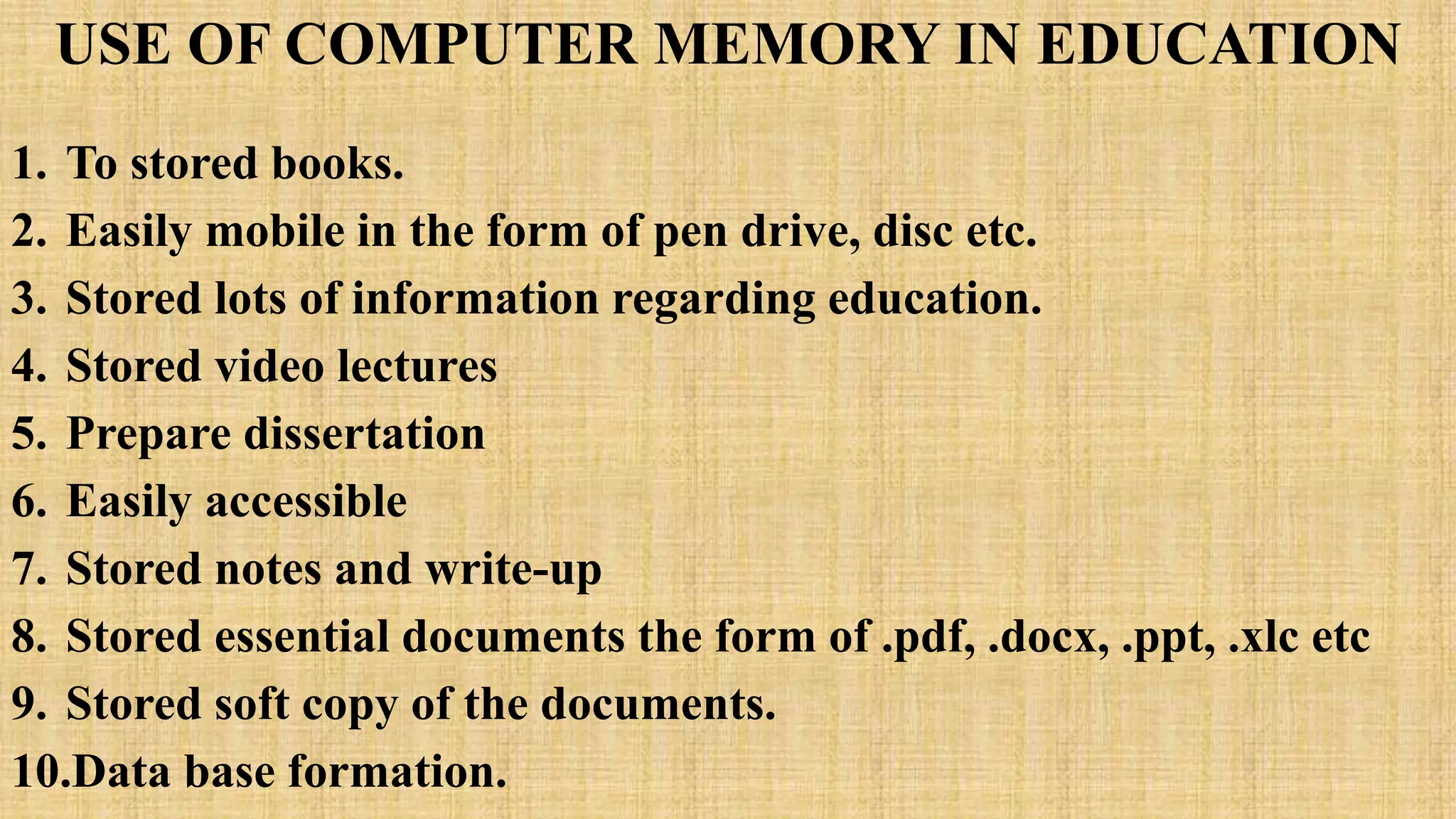 COMPUTER AND ITS APPLICATION: PROCESS OF MEMORY | PPTX | Data Storage and Warehousing | Computing