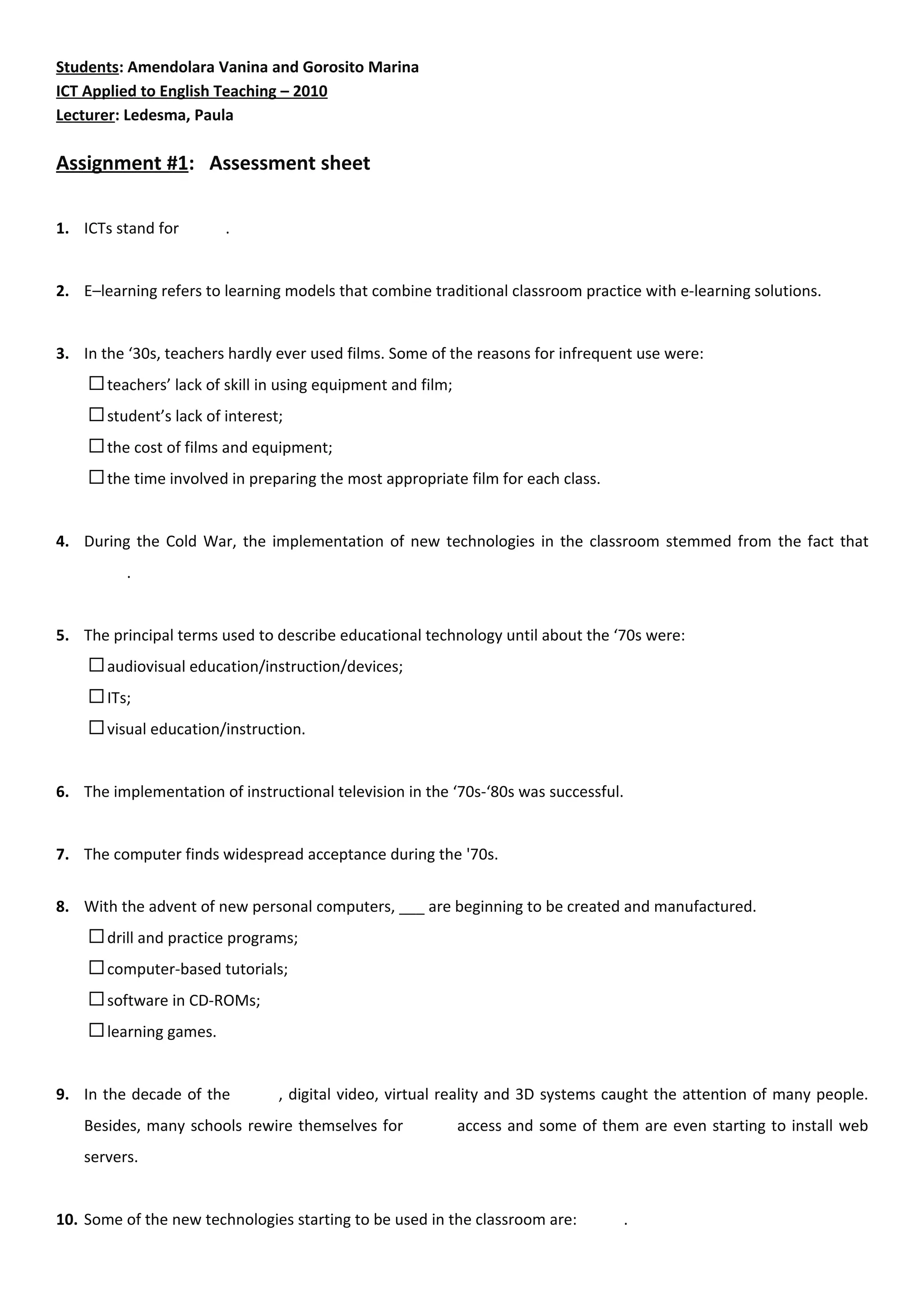Ict Assignment 1 Assessment Sheet Pdf