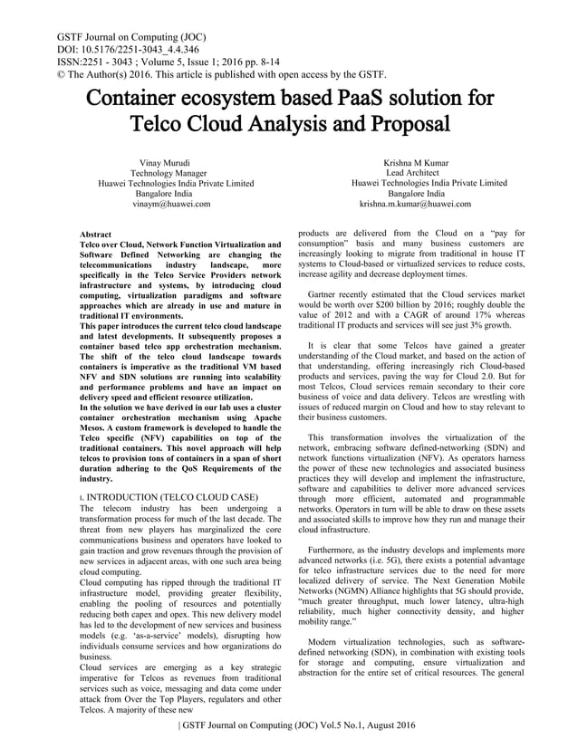 Container ecosystem based PaaS solution for Telco Cloud Analysis and Proposal | PDF | Cloud ...
