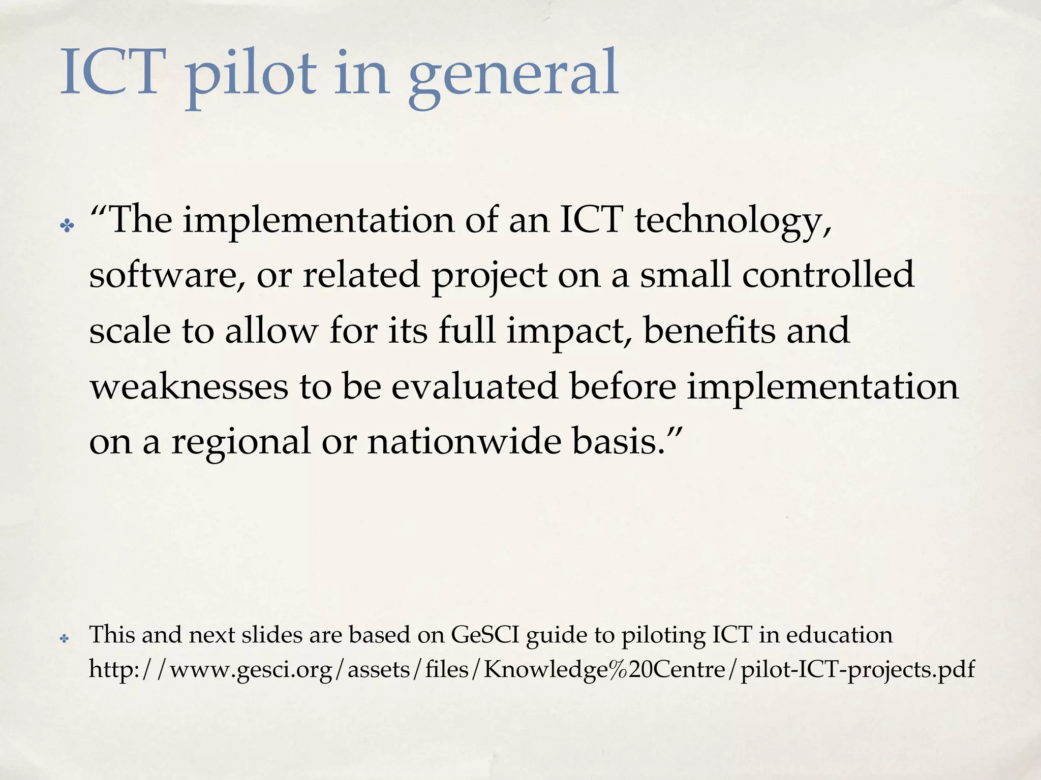 ICT in education: Setting criteria for the pilot schools | PPT