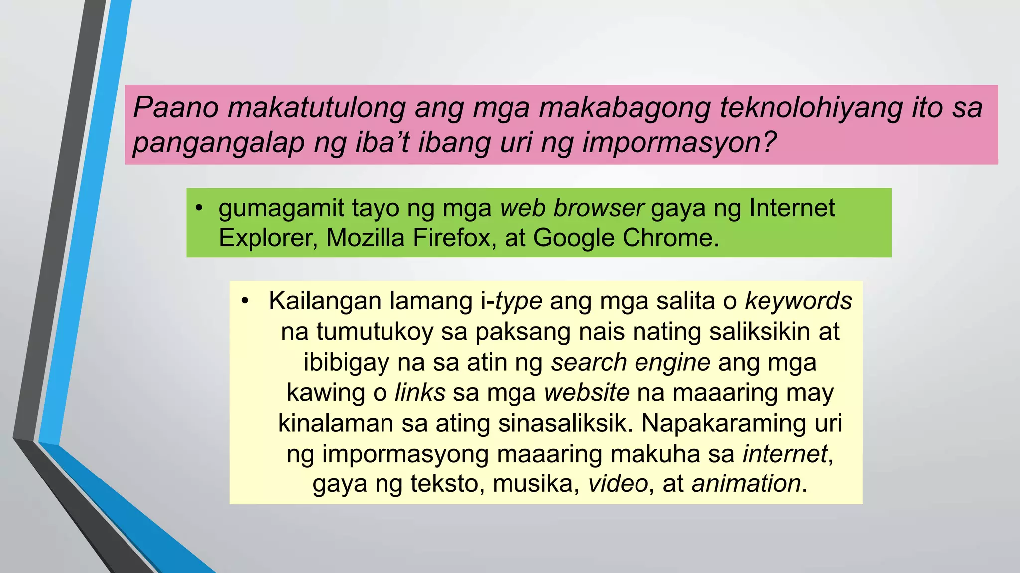 Ict lesson epp 4 aralin 9 pangangalap ng impormasyon gamit ang ict | PPTX