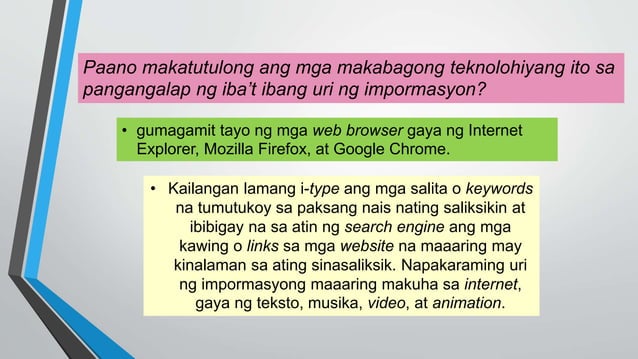 Ict lesson epp 4 aralin 9 pangangalap ng impormasyon gamit ang ict | PPTX
