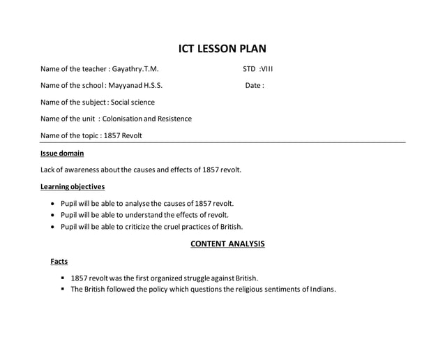 Ict lesson plan 1857 revolt | DOCX | Education