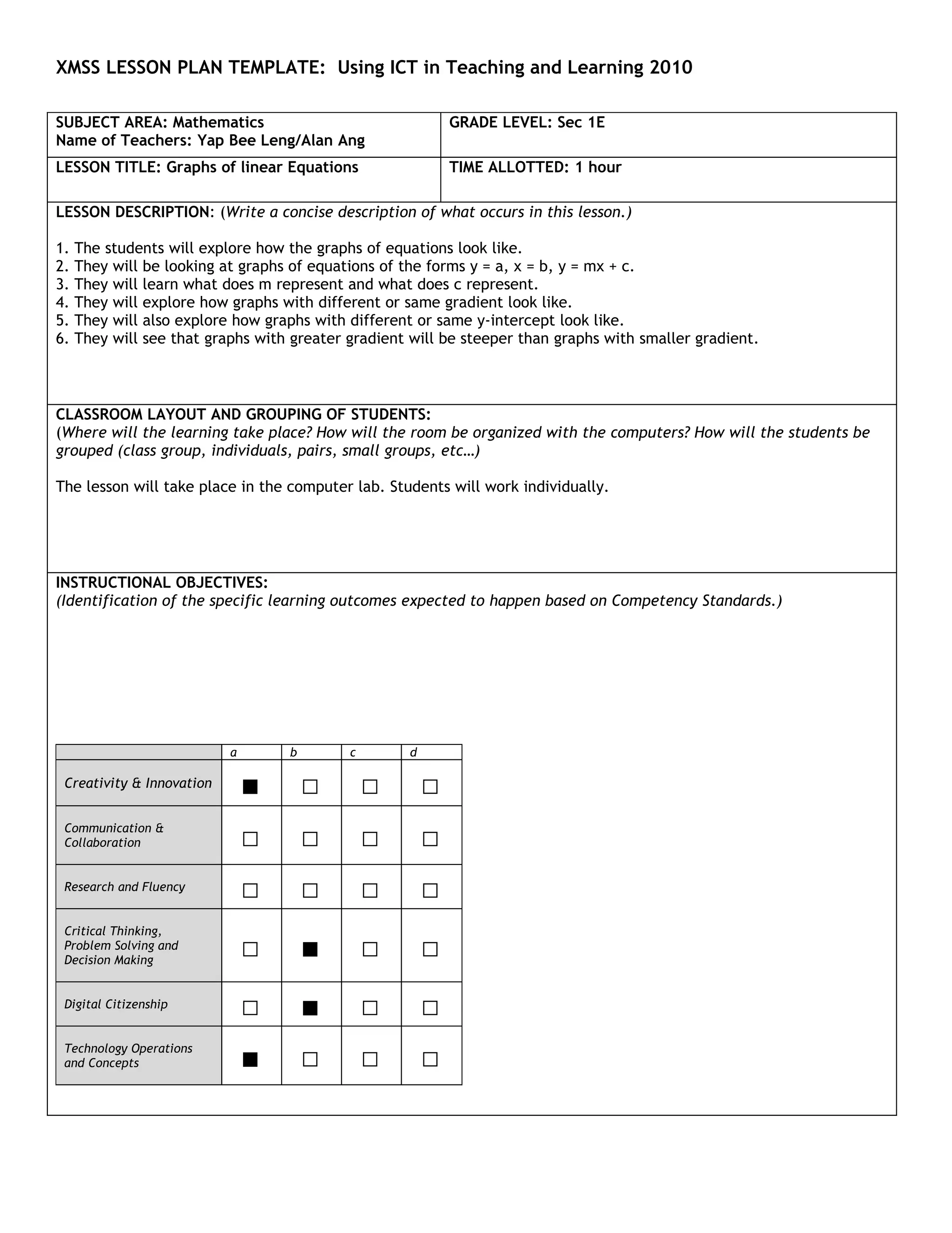 Ict lesson plan for sec 1 e (fuctions and graphs) | PDF