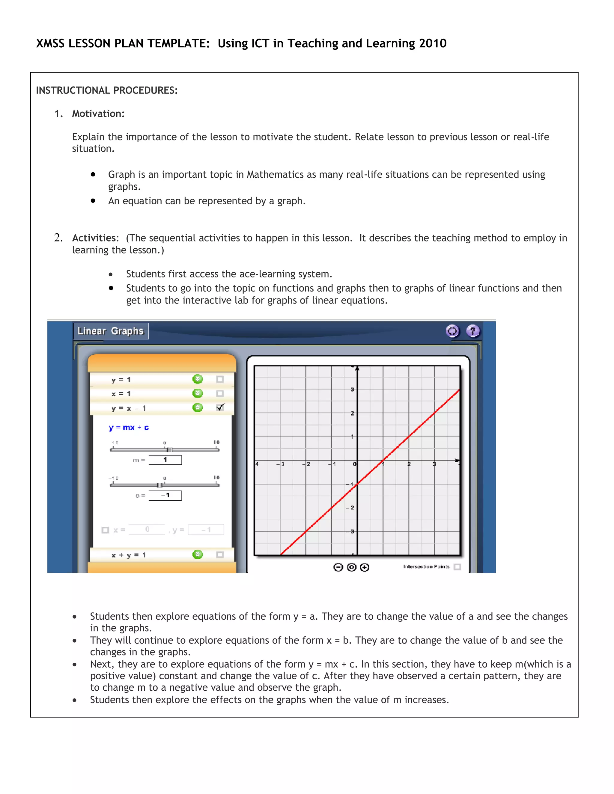 Ict lesson plan for sec 1 e (fuctions and graphs) | DOC