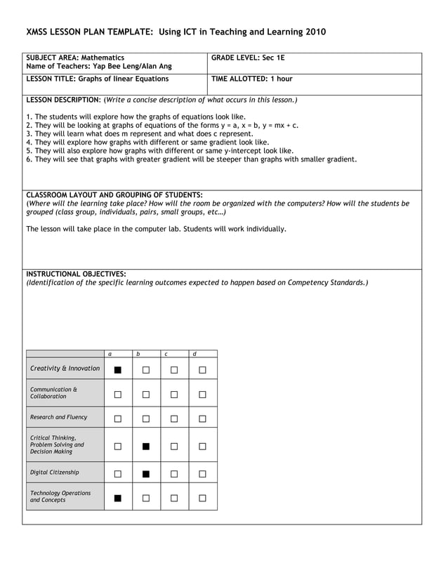 Ict lesson plan for sec 1 e (fuctions and graphs) | PDF