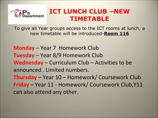 ICT Lunch New Timetable | PPT | Homework and Study | Education