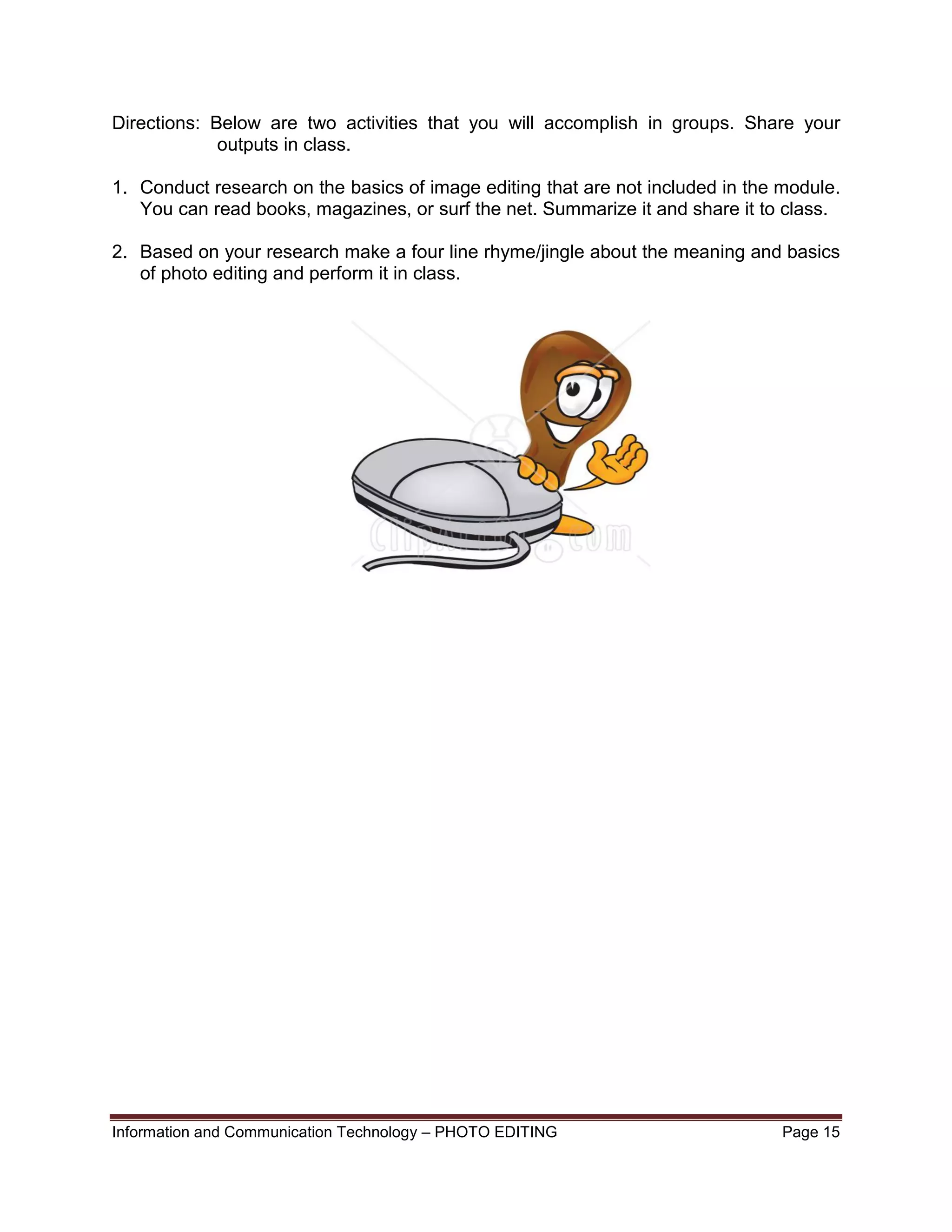 Grade 7 or Grade 8 ICT Photo Editing Learning Materials | PDF