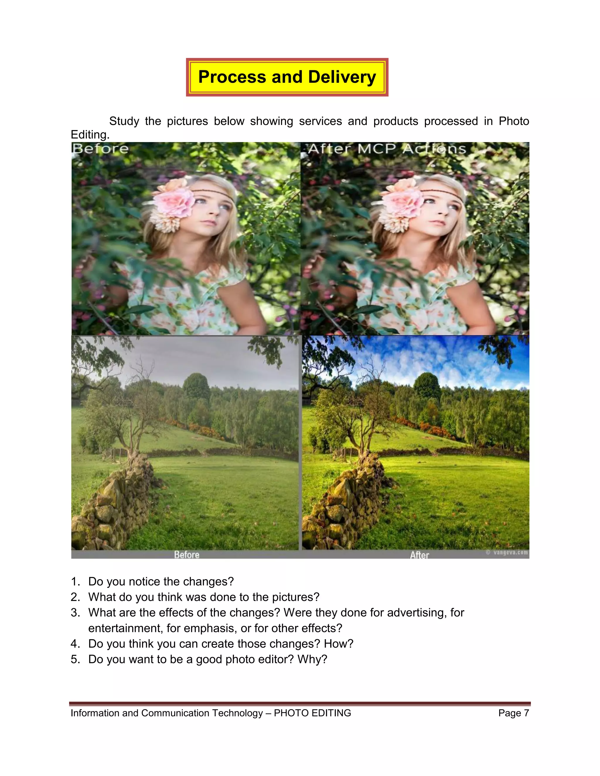 Grade 7 or Grade 8 ICT Photo Editing Learning Materials | PDF