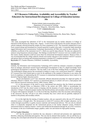 Ict resource utilization, availability and accessibility by teacher educators for instructional ...