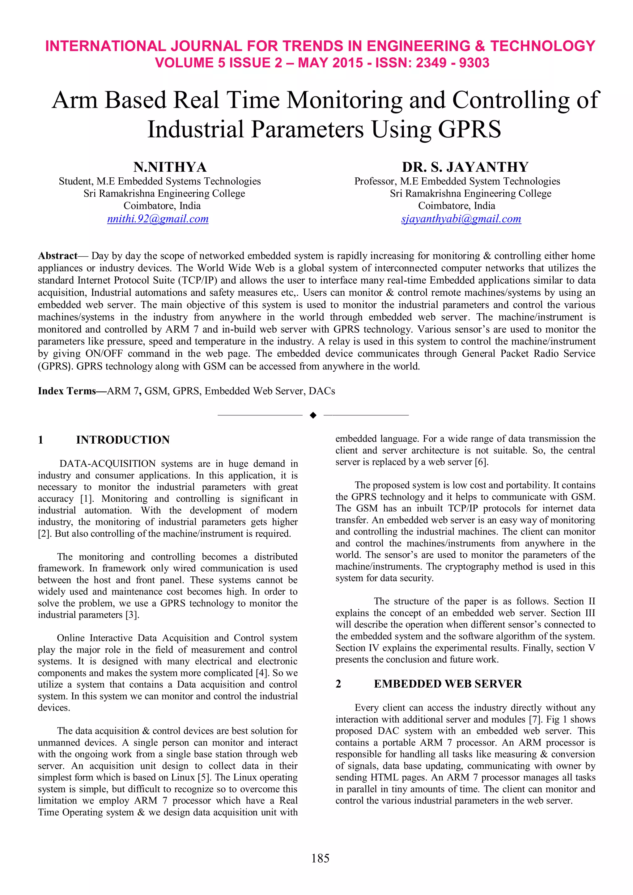 Arm Based Real Time Monitoring and Controlling of Industrial Parameters Using GPRS | PDF