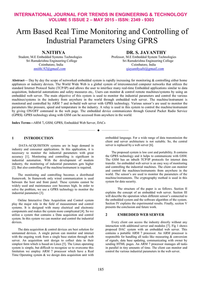Arm Based Real Time Monitoring and Controlling of Industrial Parameters Using GPRS | PDF