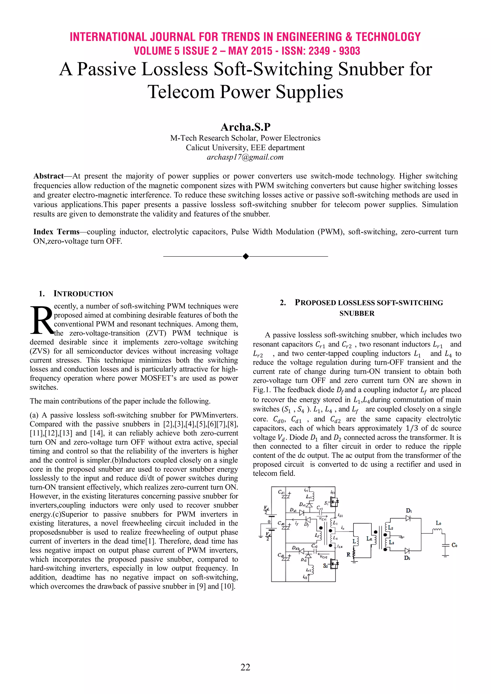 A Passive Lossless Soft-Switching Snubber for Telecom Power Supplies | PDF