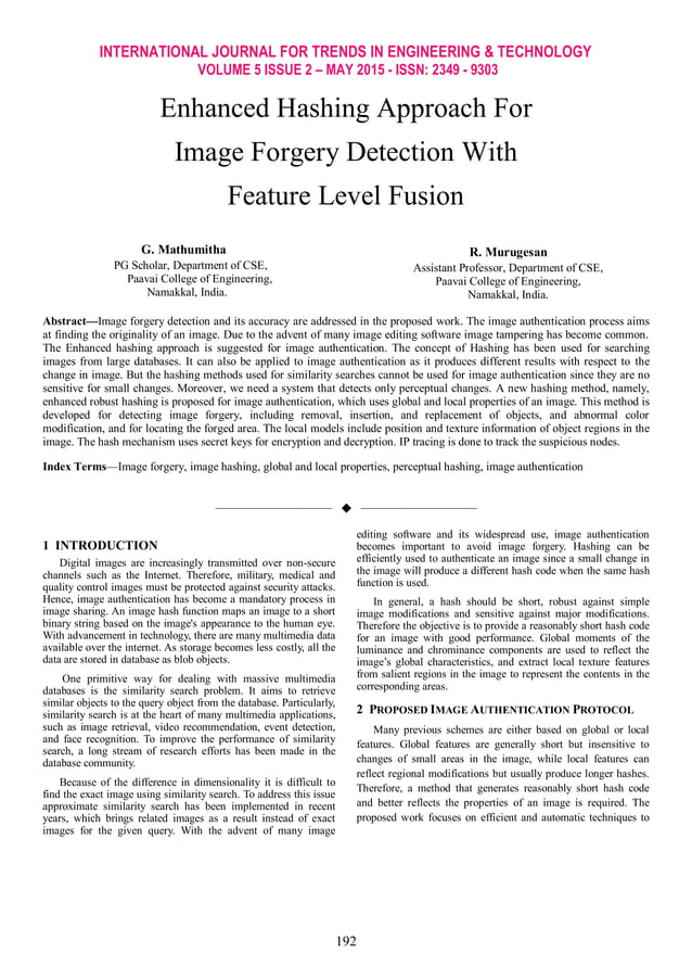 Enhanced Hashing Approach For Image Forgery Detection With Feature Level Fusion | PDF