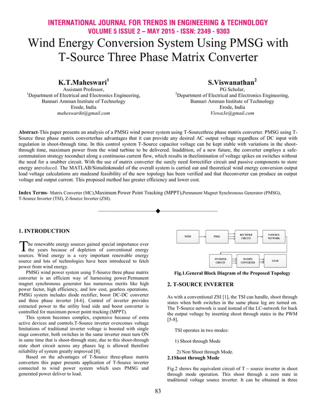 Wind Energy Conversion System Using PMSG with T-Source Three Phase Matrix Converter | PDF